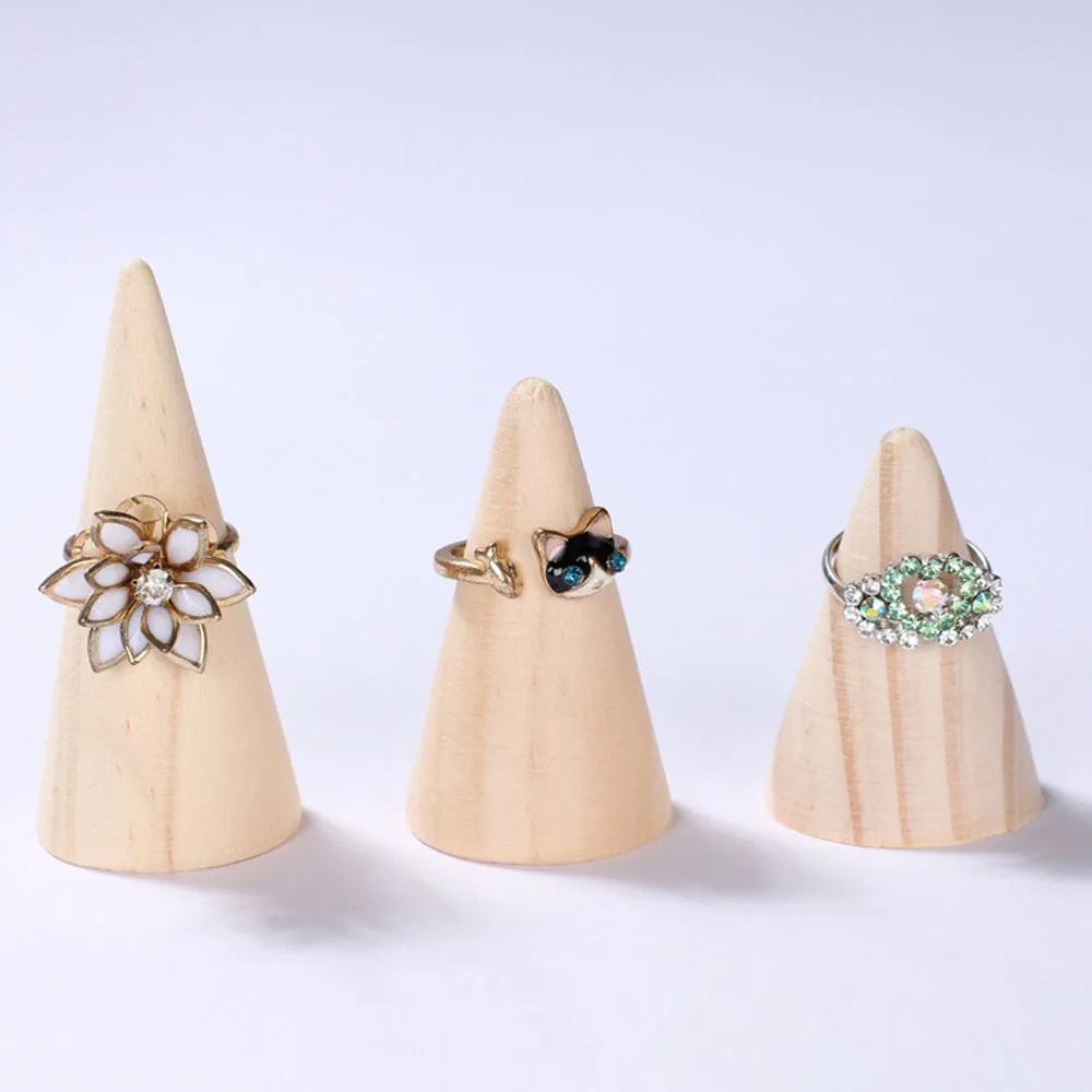 Natural Unpainted Wooden Ring Display Rack Cone Shaped Jewelry Display ...