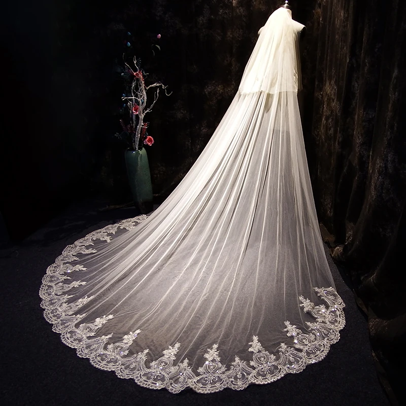 3 Meters Long Full Lace Edge Sequins Wedding Veil Two Layers Champagne ...