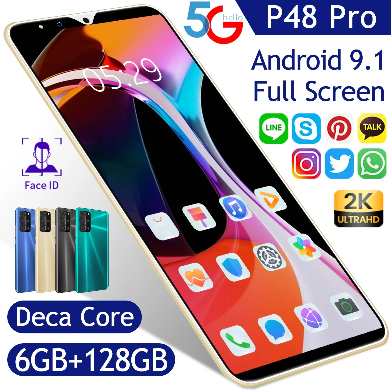 5G Network P48 Pro Smartphone 6Gb+128Gb Face Id Unlocked 5.8 Inch Hd ...