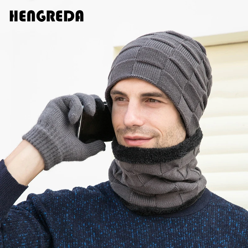 Зимняя мужская вязаная шапка-бини с шарфом | AliExpress