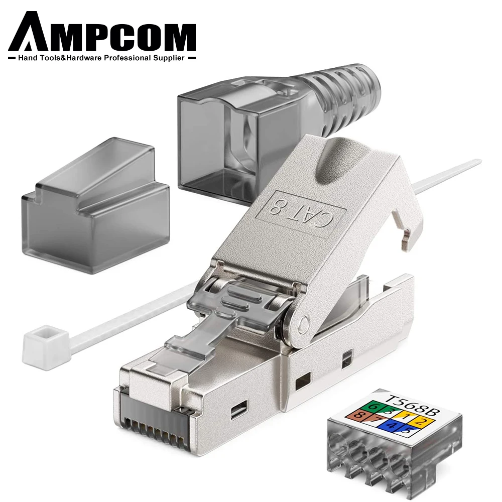 AMPCOM Tool Free RJ45 Connectors Shielded Modular Termination Plug for ...