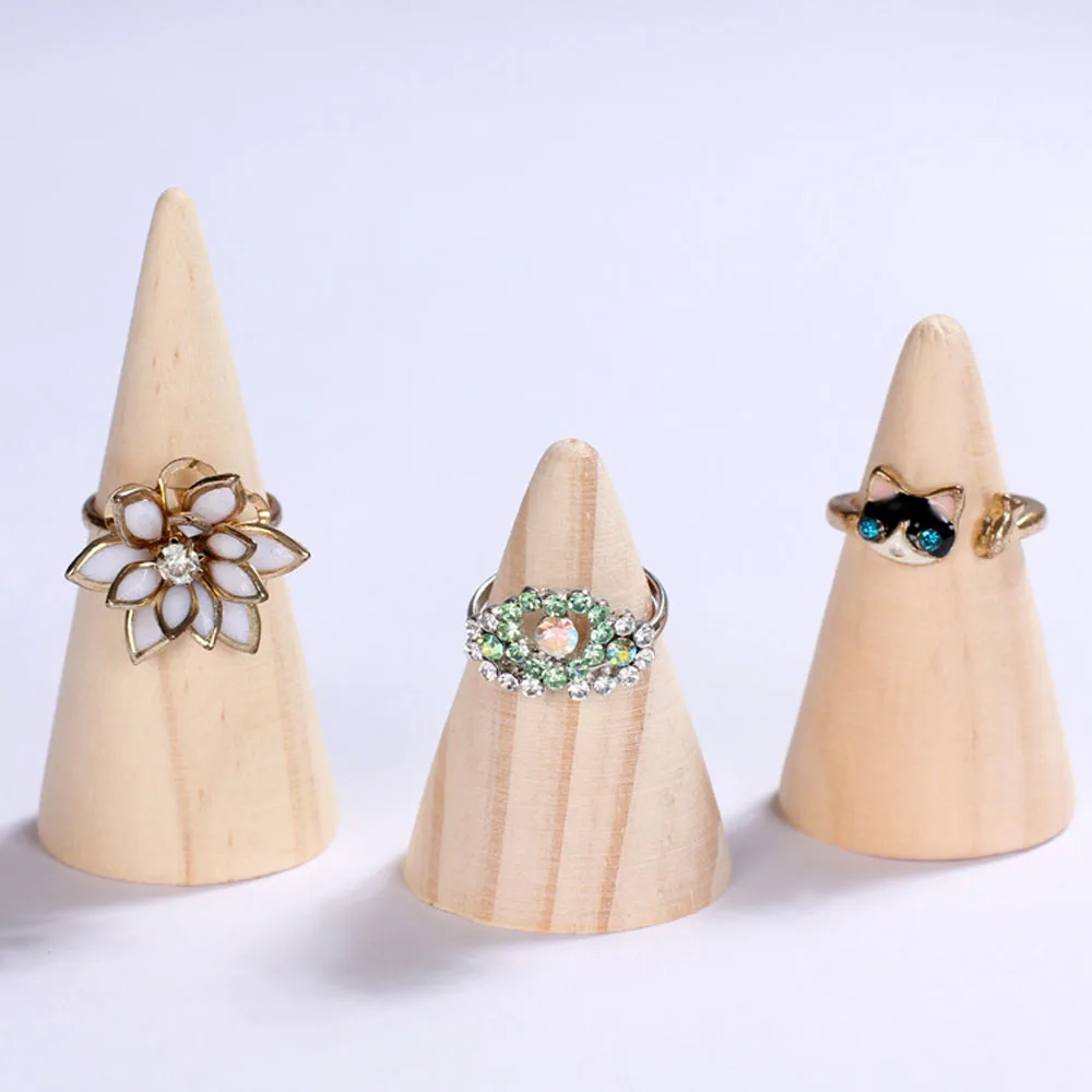 Natural Unpainted Wooden Ring Display Rack Cone Shaped Jewelry Display ...