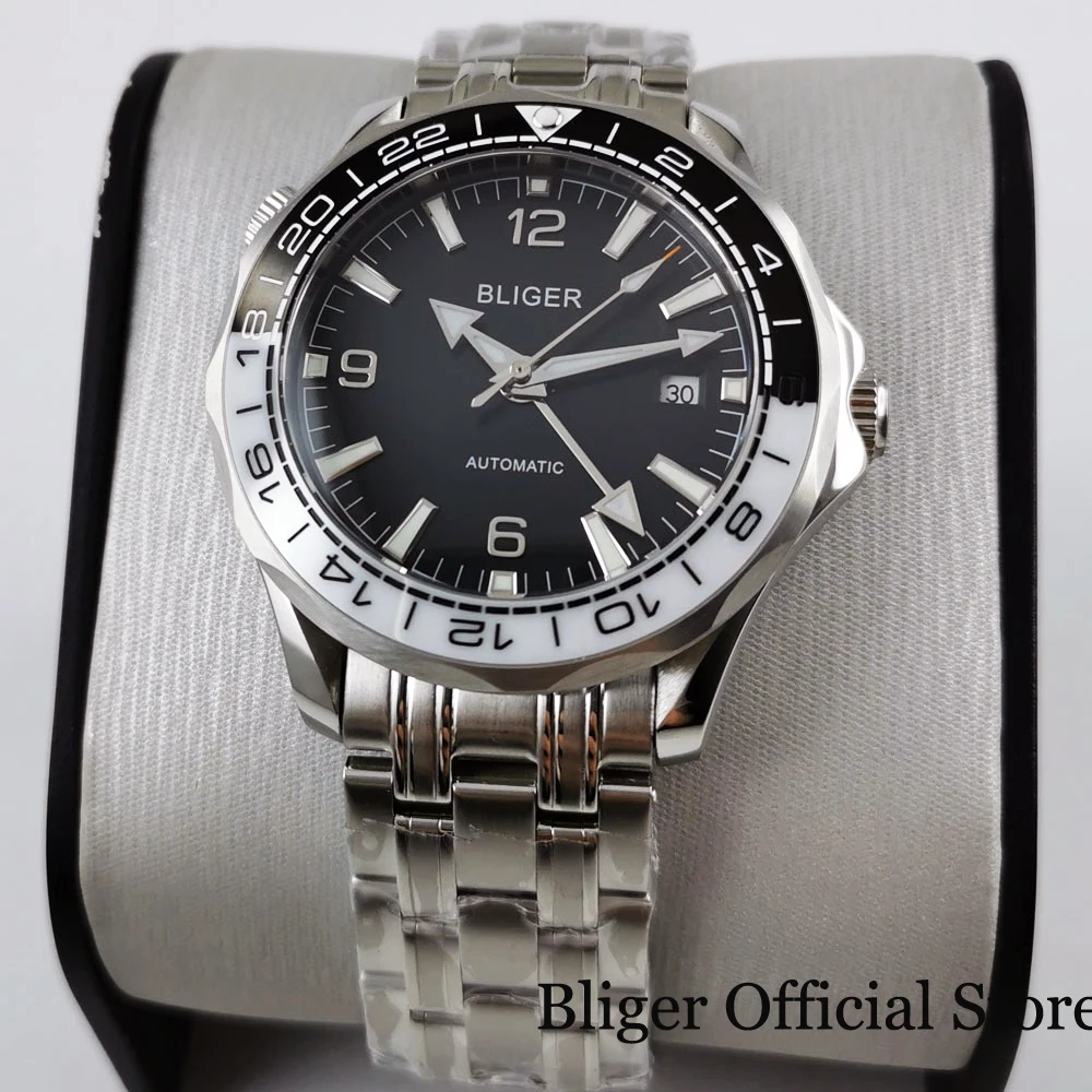 BLIGER Men Watch Sapphire Glass Automatic Movement GMT Hand Stainless ...