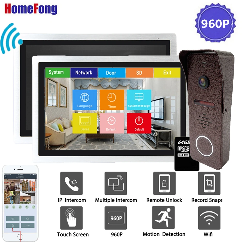 Видеодомофон Homefong, 10 дюймов, Wi-Fi, 720P, сенсорный экран 61408.59 ...