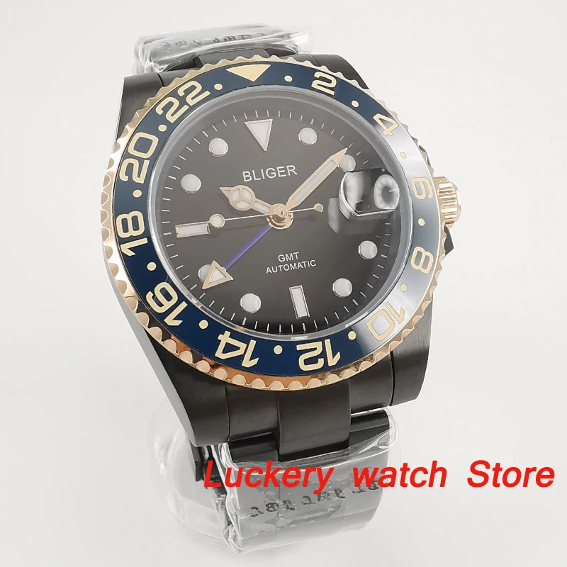 Bliger 40mm luxury watch black dial saphire glass Ceramic spin Bezel ...