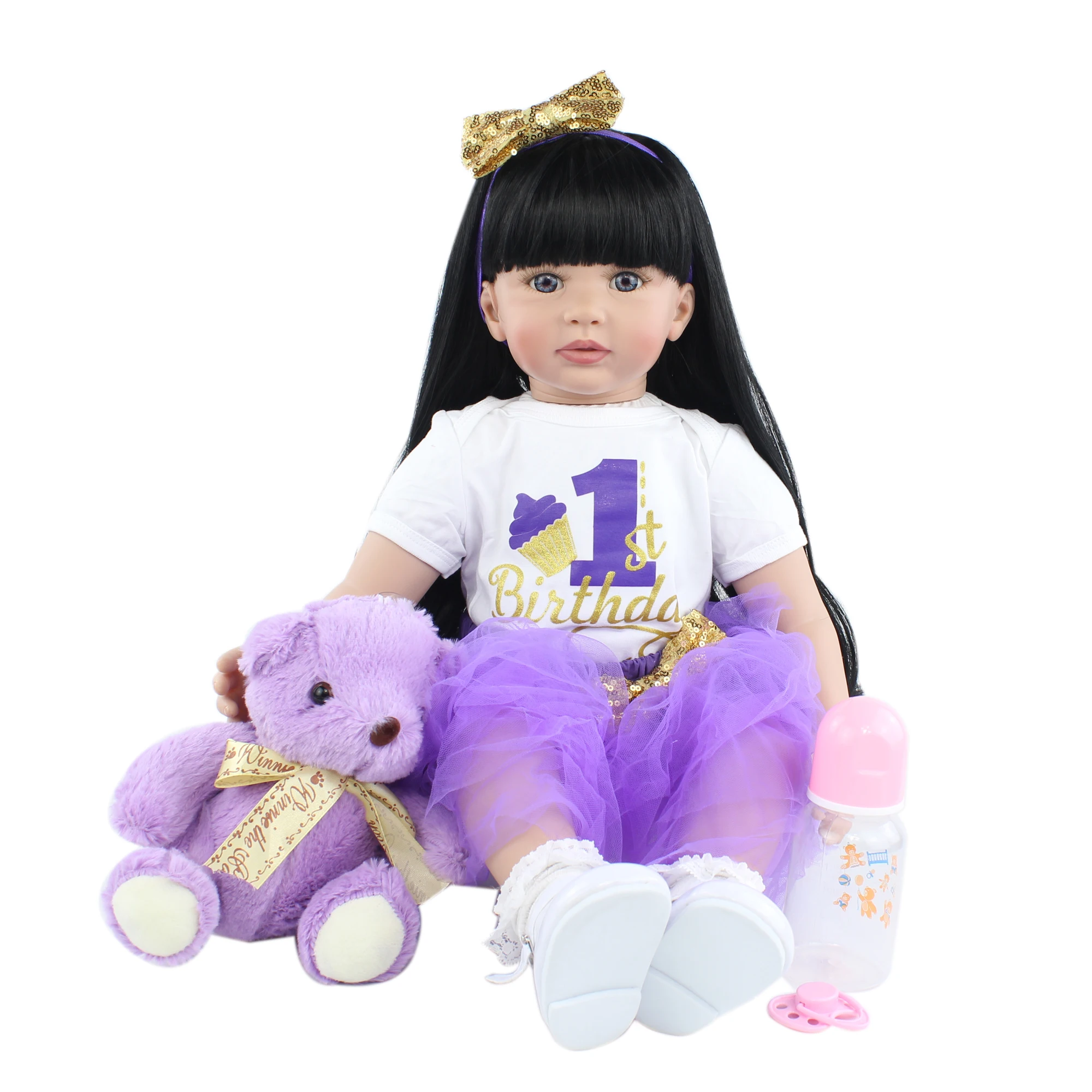 Poupée Reborn En Silicone Souple Pour Fille, 24 Pouces, 60 Cm, Princesse Aux Cheveux Longs Noirs ...