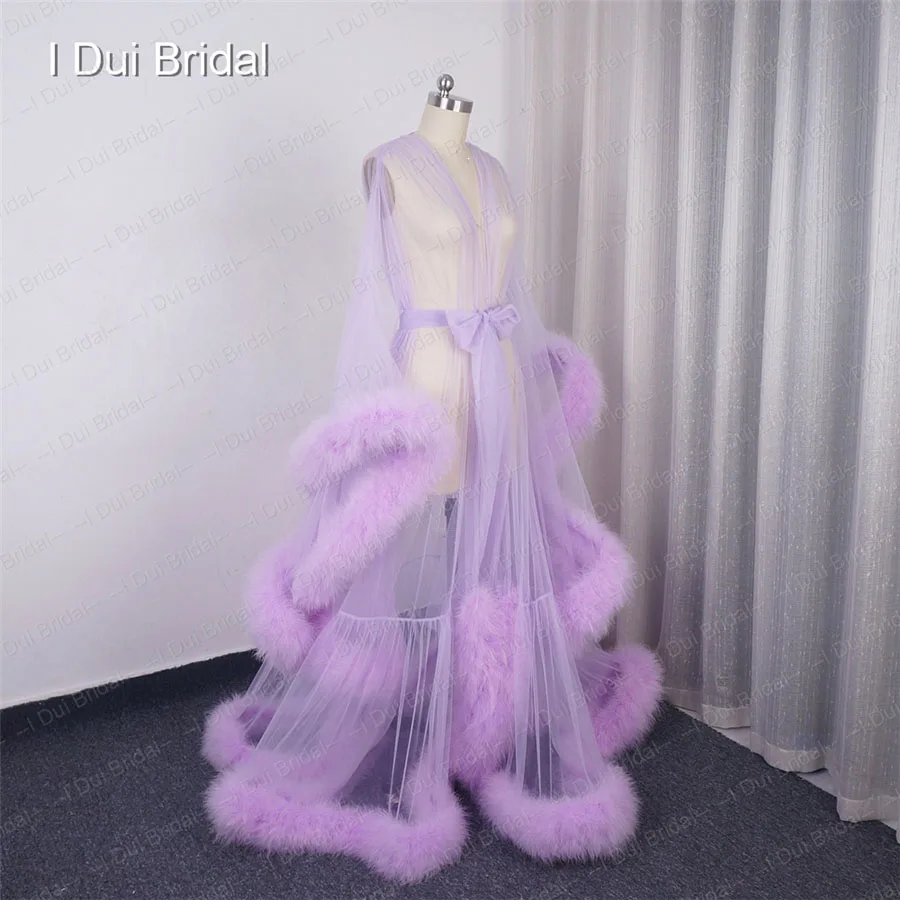 Extra Puffy Feather Marabou Robe with Long Tulle Illusion Sheer Fur for ...