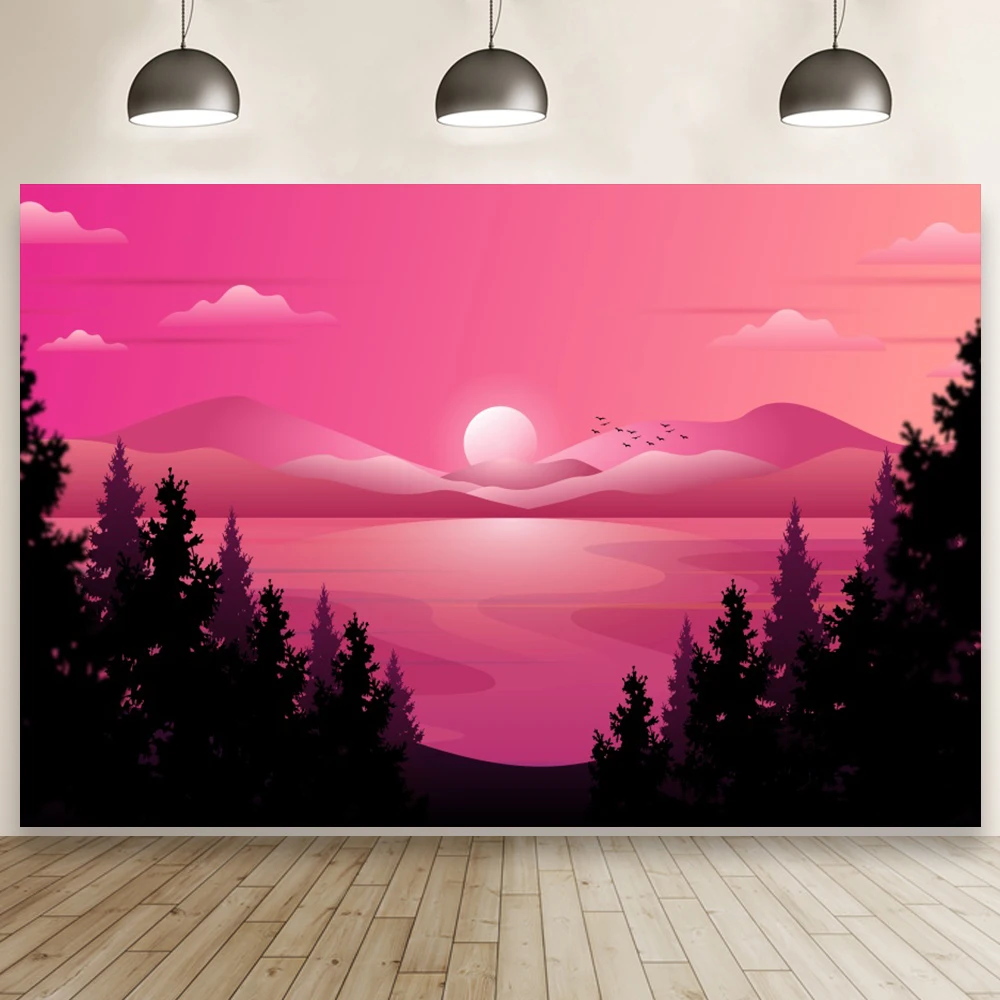 Pink Sky Sunrise and Sunset Backdrop Sea Forest Baby Shower Room ...