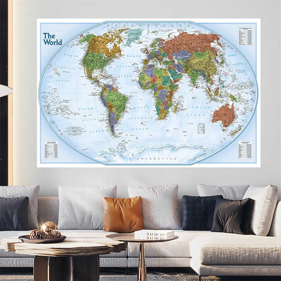 225*150cm The World Political Map with Details Large Poster Retro Non ...