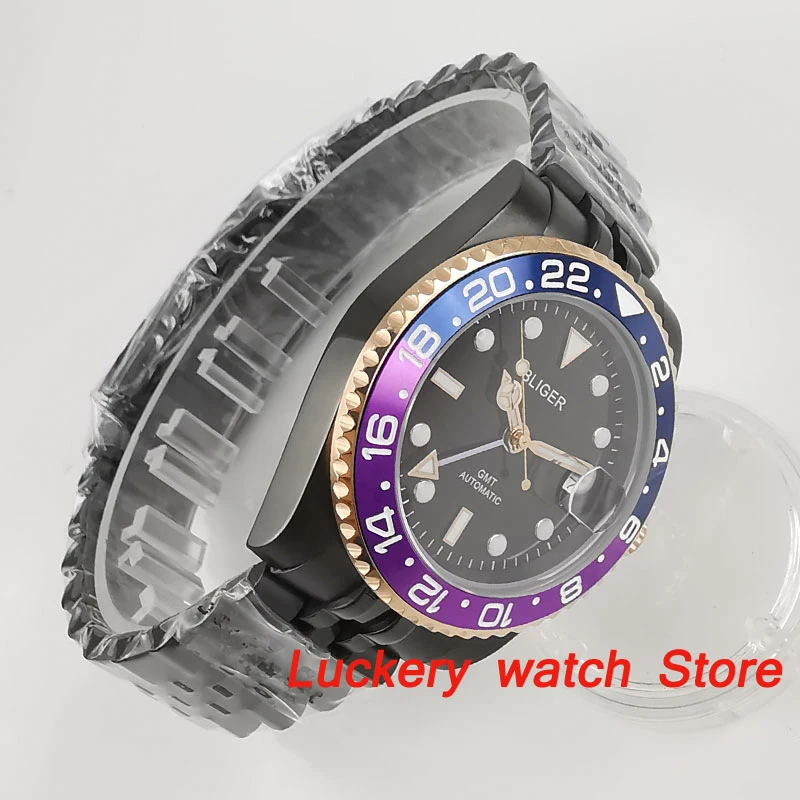 Bliger 40mm luxury watch black dial saphire glass blue and purple spin ...