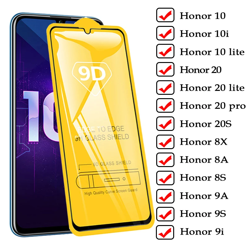 Закаленное стекло 9D для Huawei Honor 10i 10 I Lite 20 Pro Lite 20s 8a 8s 8x 9a 9s Защитная ...
