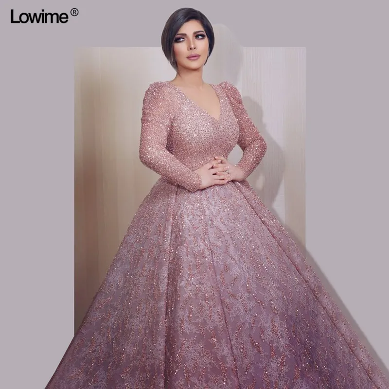 Plus Size Sparkly Muslim Evening Dresses A-Line With Long Sleeves Dubai ...
