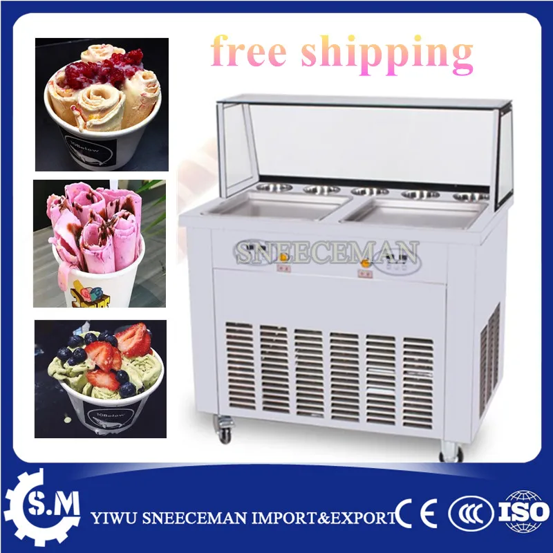 35cm automatic DOUBLE pan ice cream rolling roll machine stainless ...