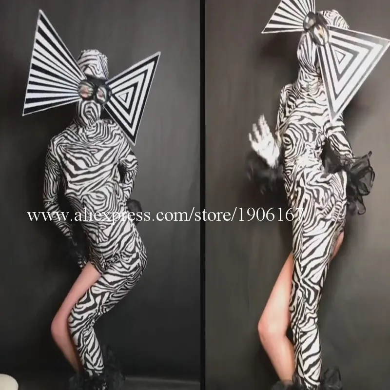 Sexy Lady Zebra Jumpsuit With Headdress Nightclub Party Celebrate ...
