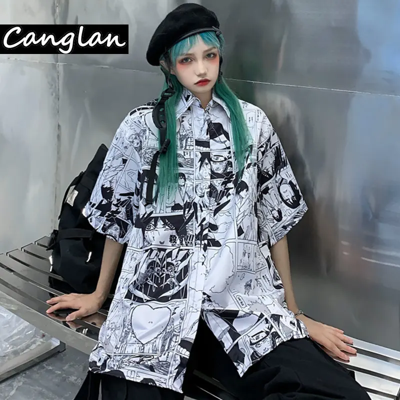 Anime Manga Print Women's Button Up Shirt - Short Sleeve Harajuku ...