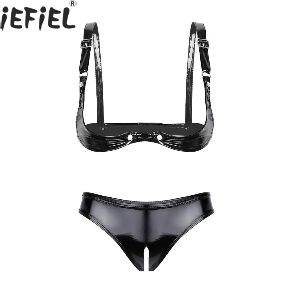 Womens Wet Look Patent Leather Erotic Lingerie Set Strapless Push Up