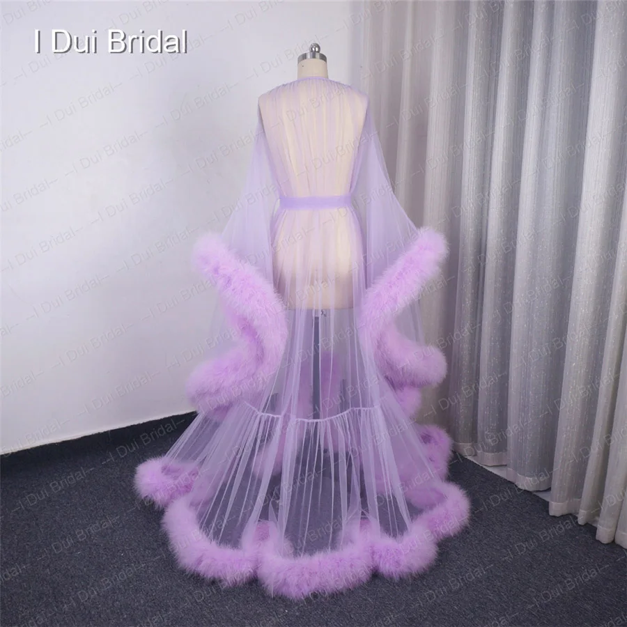 Extra Puffy Feather Marabou Robe with Long Tulle Illusion Sheer Fur for ...