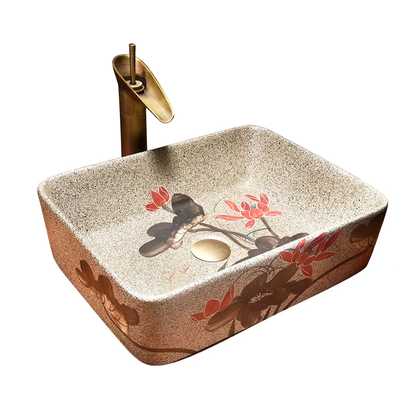 Chinese Above Counter Basin Hand-painted Lotus Wash Basin Home Retro ...
