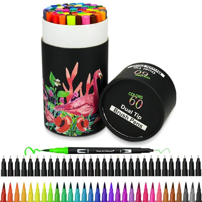 60 Colors Art Markers Dual Tips Coloring Brush Fineliner Color Pens ...