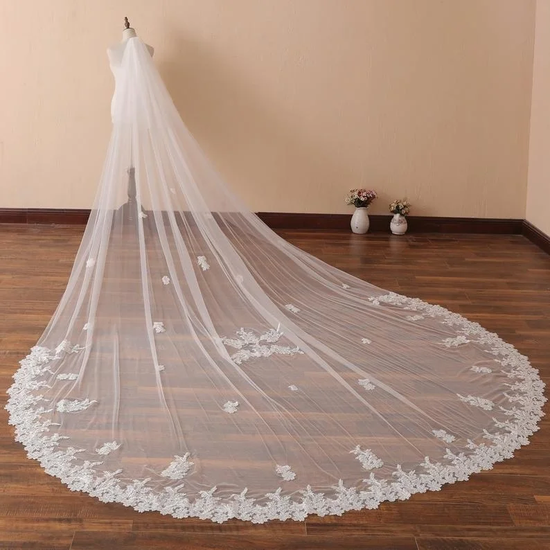 cathedral applique veil wedding veil white lace veil lvory bridal veils ...