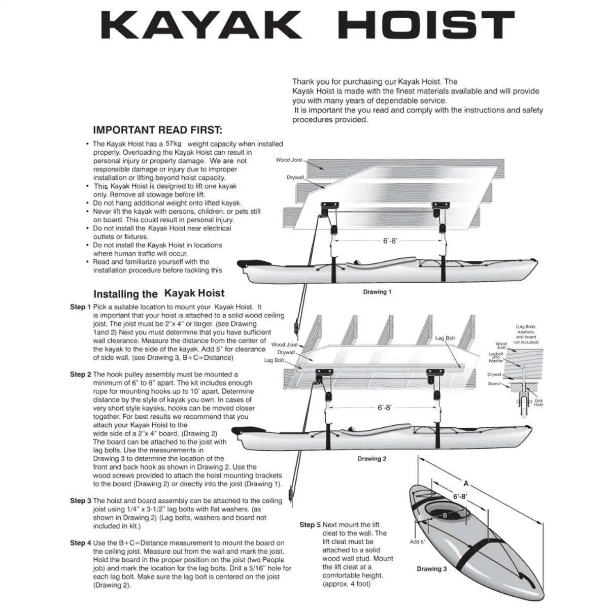 57KG Kayak Hoist Canoe Boat Bike Ladder Lift Pulley System Garage ...