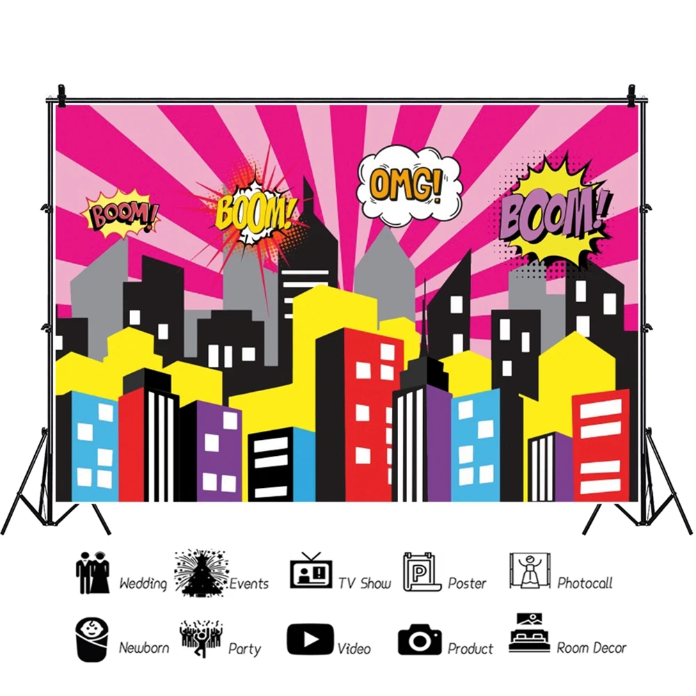 Yeele SuperHero Backdrop Pink City Building Baby Birthday Photography ...