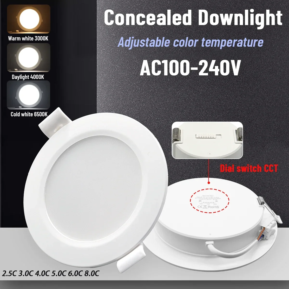 2pcs Dial swich CCT LED Downlight 100-240V 3000K/4000K/6500K Ceiling ...
