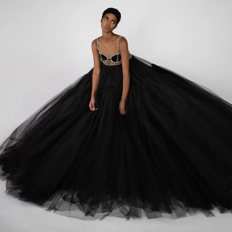 Puffy Black A-line Draped Tulle Prom Gowns For Women O Neck Sleeveless ...