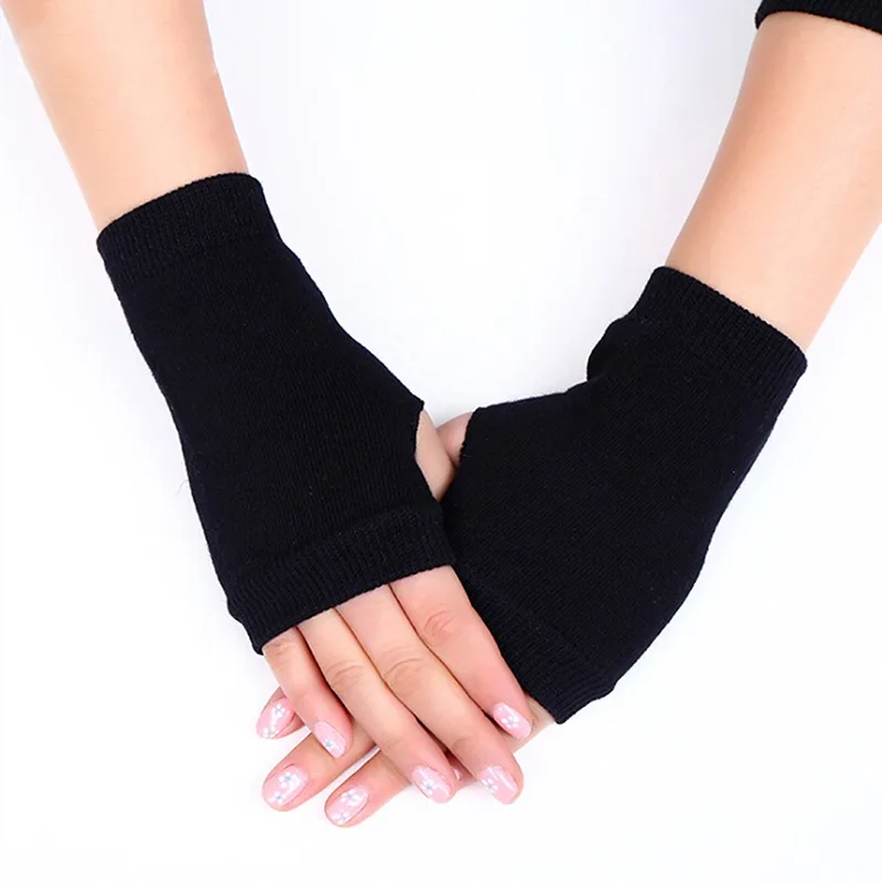 1Pair Simple Black Short Half Finger Fingerless Knit Wrist Glove Winter ...