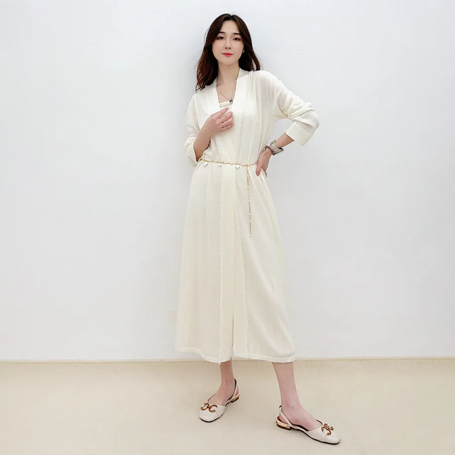 Naizaiga 100, шерстяной свободный женский длинный кардиган с длинными рукавами, белый, серый ...