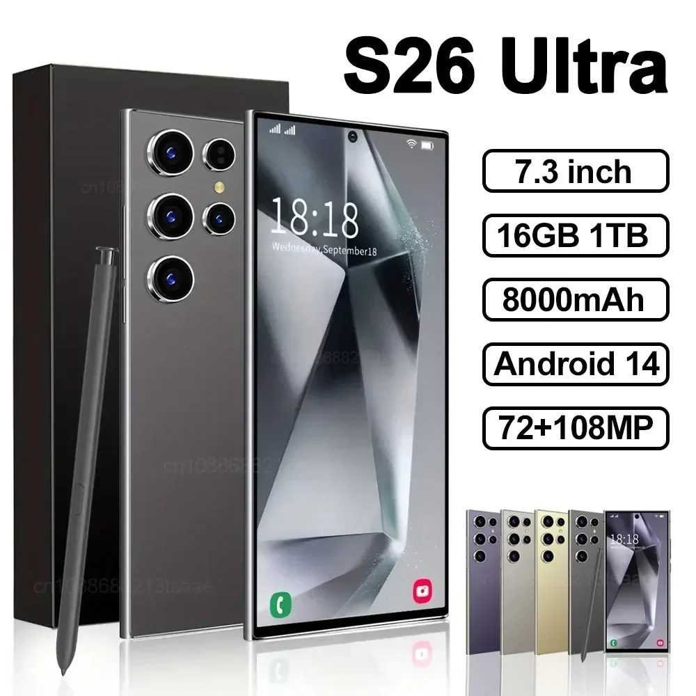 Новый для смартфона S26 Ultra 7,3 дюйма HD 5G Snapdragon 8Gen3 16 ГБ + 1 ТБ Android 14 8000 мАч ...
