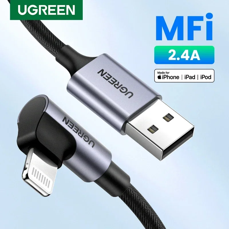 Ugreen MFi сертифицированный USB к Lightning Кабель с углом 90 градусов ...