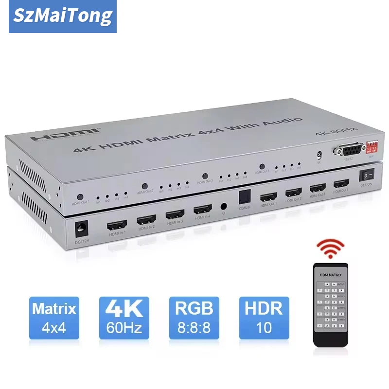 4K 60 Гц HDMI True Matrix Switch 4x4 с R/L Audio Extractor HDR Video ...