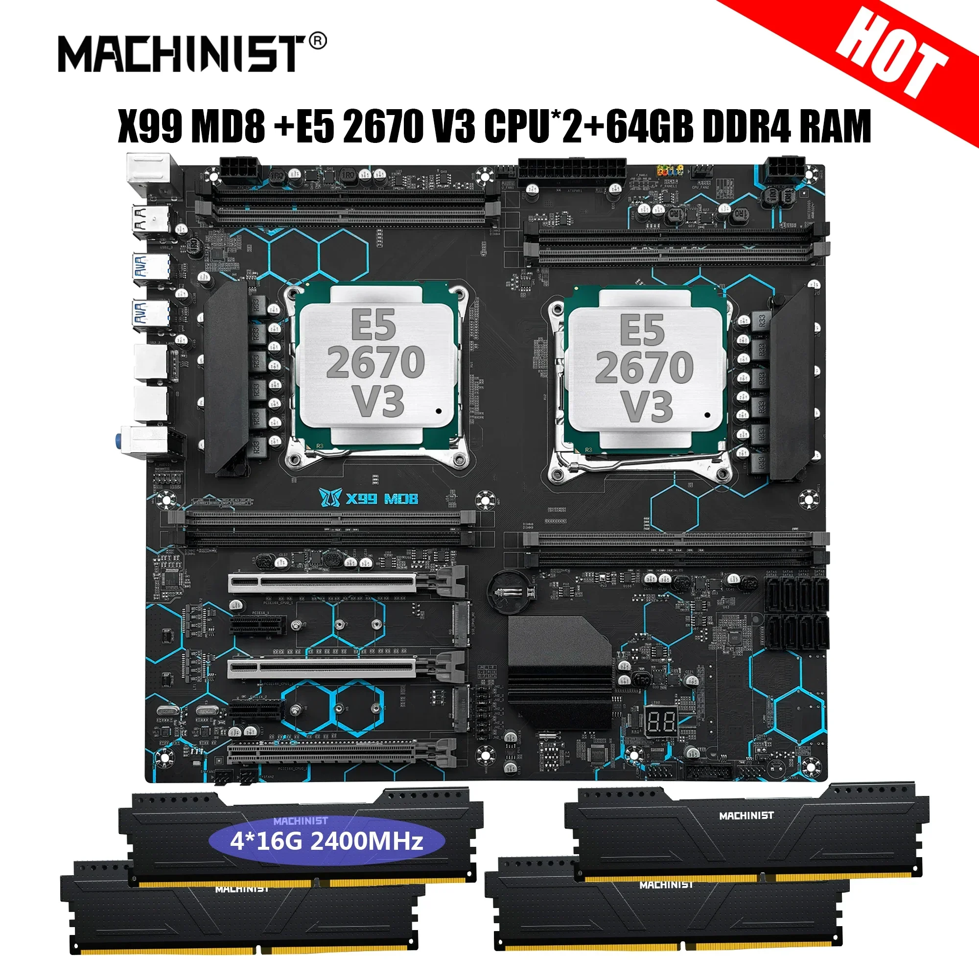 MACHINIST X99 Dual CPU Motherboard Combo LGA 2011-3 Xeon Kit E5 2670 V3 ...