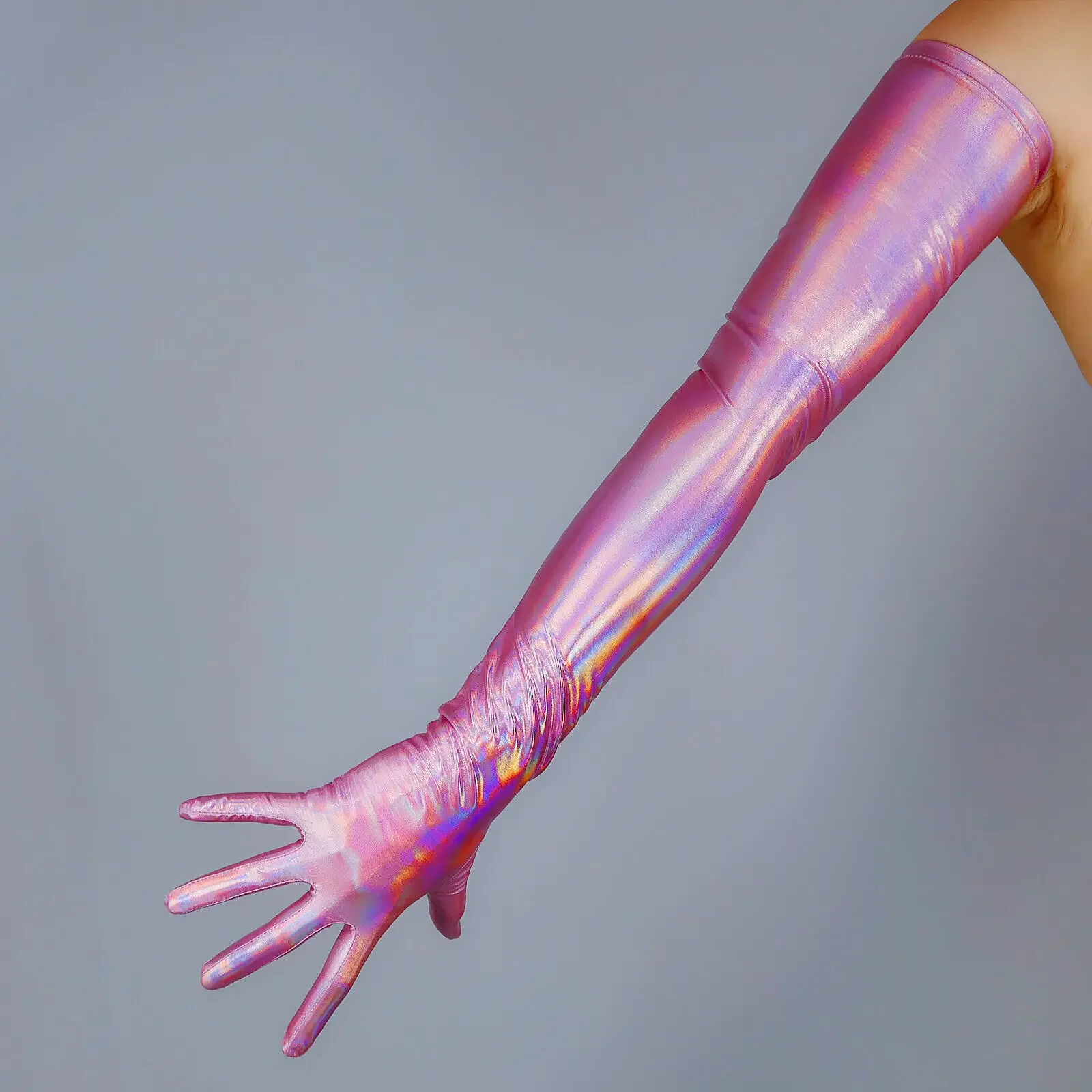 Metallic Pink GLOVES 28" 70cm Long Shine Light Liquid Holograpgic Thin ...