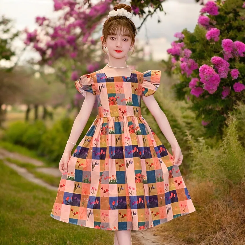 Детское летнее платье в шотландскую клетку, с коротким рукавом | AliExpress
