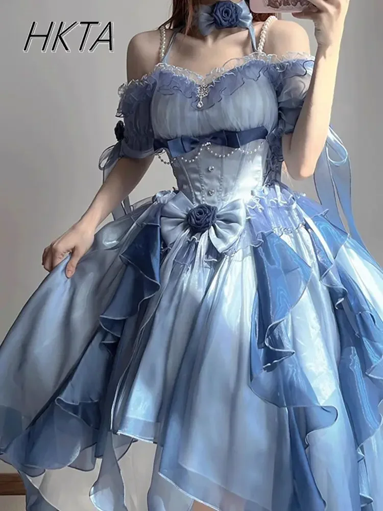 Женское платье Hkta голубое полиэстеровое | AliExpress