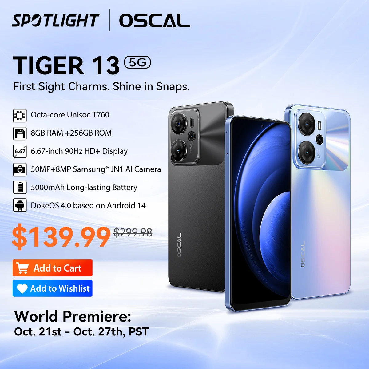 [Мировая премьера] Смартфон OSCAL TIGER 13 5G Unisoc T760, 6,67 дюйма IPS 1920x1080,8 ГБ + 256 ...