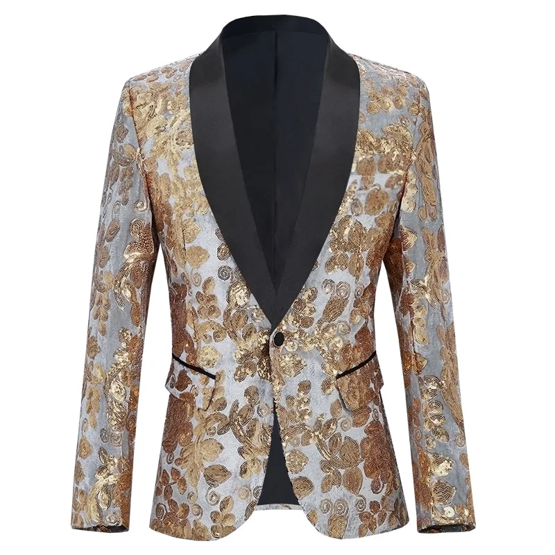 HOO 2022 Men's Velveteen Gold Sequined Suit Singer Host Stage Dress DJ ...