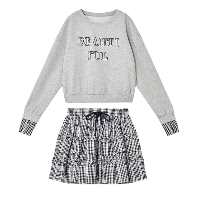 ELFSACK 2025 Summer New Arrivals Plaid Patchwork Hoodie Half Skirt Two ...