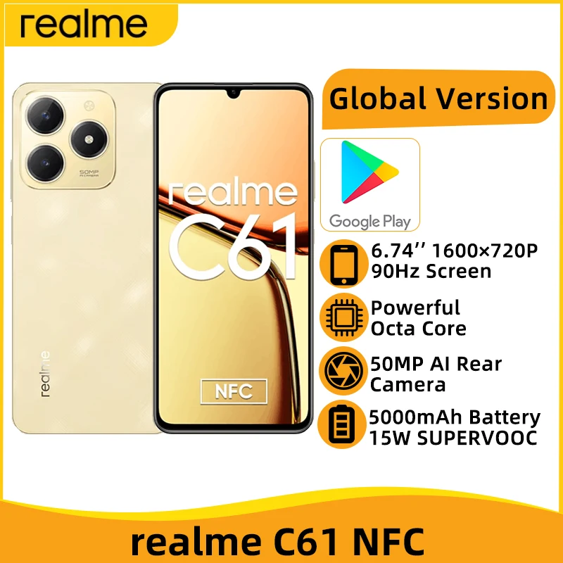 Глобальная версия realme C61 NFC 6,74 " дисплей с частотой 90 Гц, Восьмиядерный смартфон, 50 ...