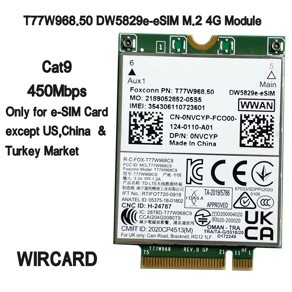 T77W968.50 DW5829e-eSIM DW5829e X20 LTE Cat9 450 Мбит/с, Φ 4G модуль ...