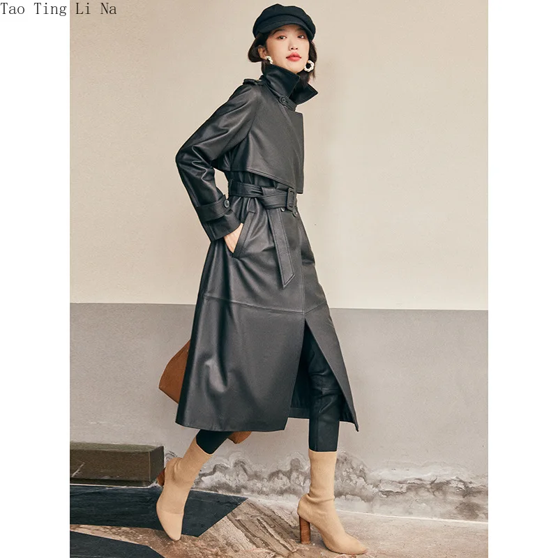 Tao Ting Li Na Women Long Wind Resistance Geunine Sheepskin Leather ...