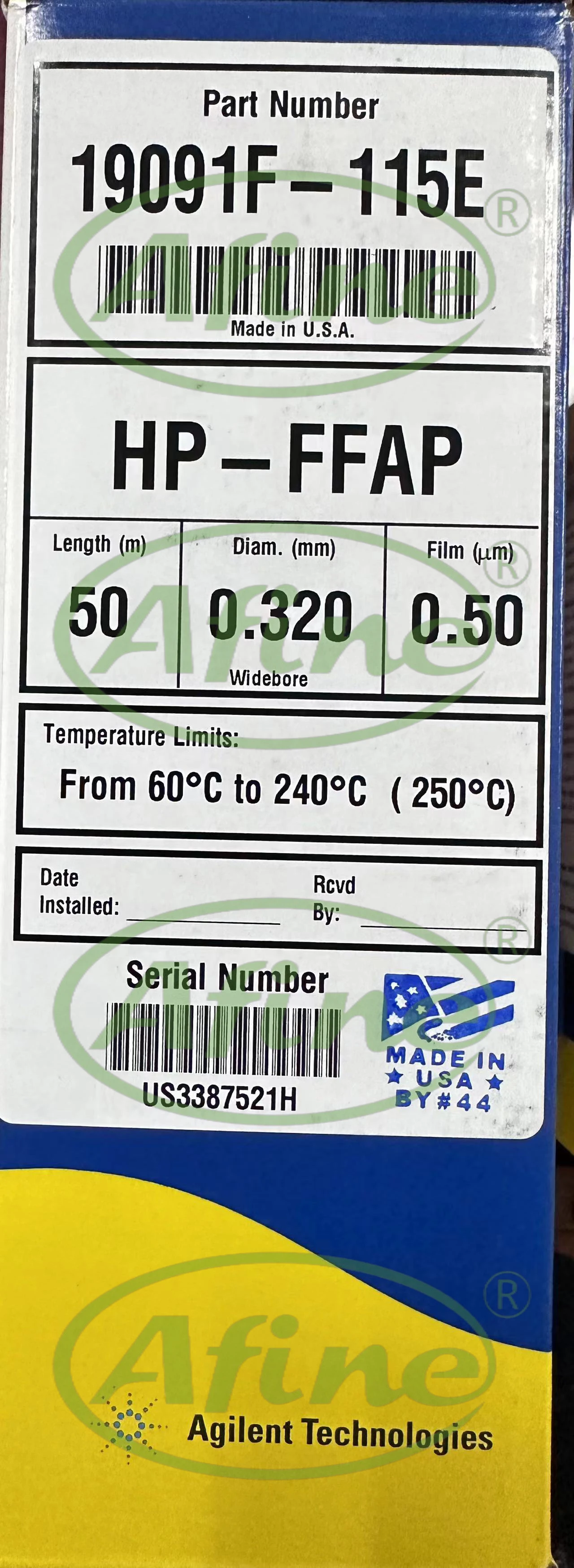 Колонка AFINE Agilent 19091F-115E J&W HP-FFAP GC, 50 м, 0,32 мм, 0,50 мкм, сепаратор 5-дюймовый ...