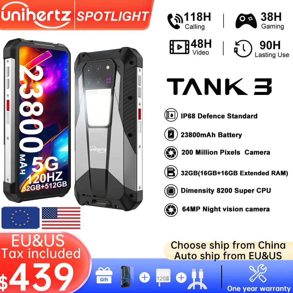 Unihertz Tank 3 by 8849 Rugged 32GB 512GB 23800mAh 120W Charger Dimensity 8200 5G 120 MP Hz ...