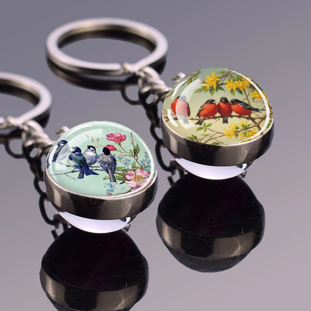 Robin Redbreast Keychains Sparrow Swallow Glass Ball Two Sided Pendant ...