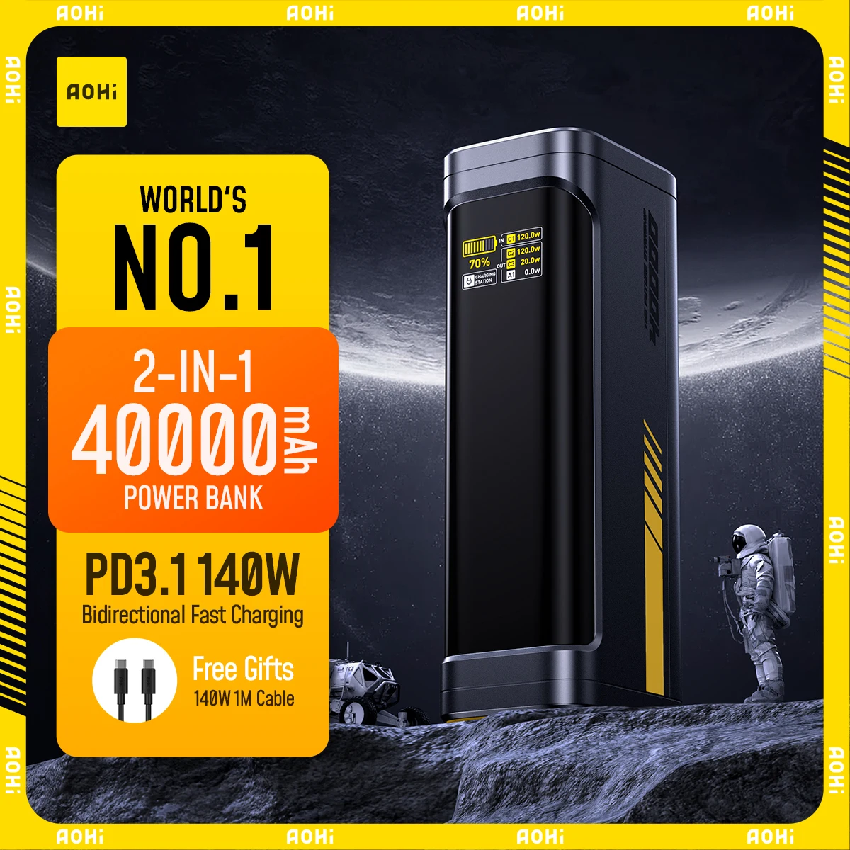 AOHI Starship Power Bank 40,000 мАч 140 Вт PD3.1 Power Bank для ноутбука с кабелем C-C, станция ...