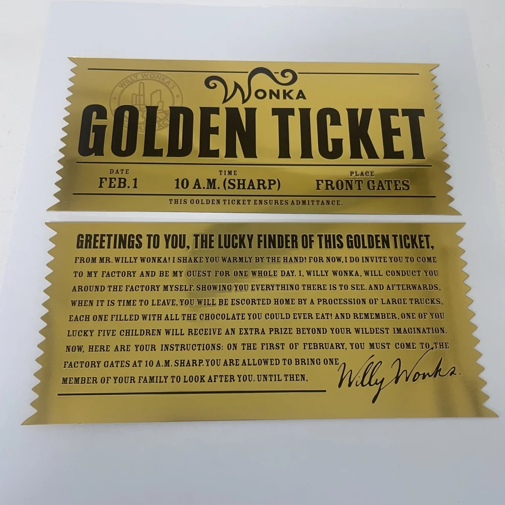 18cm x 8cm Charlie's Chocolate Factory Willie Wonka golden Lucky ticket ...