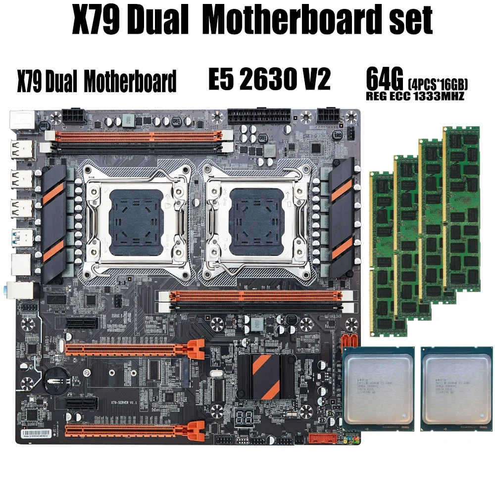 Материнская плата X79 с двумя процессорами и памятью 2 × Xeon E5 2630 ...