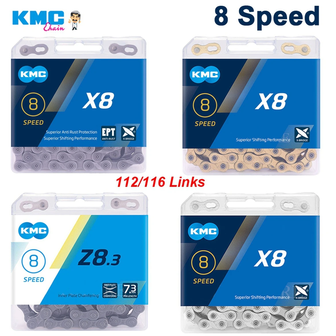 KMC 8 Speed MTB Chain 116L 112 Links 8S Road Bike Current Mountain Bike ...